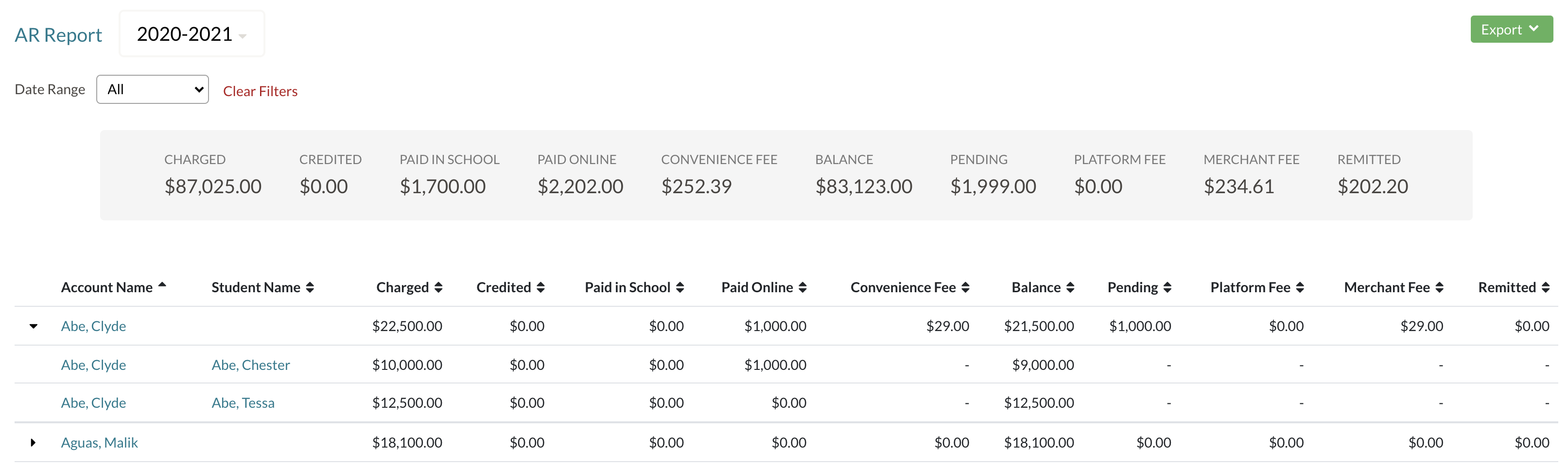 Billing: AR Report – Finalsite Enrollment