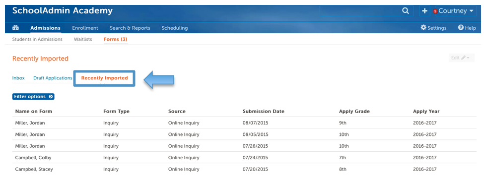 Recently Imported Forms – SchoolAdmin