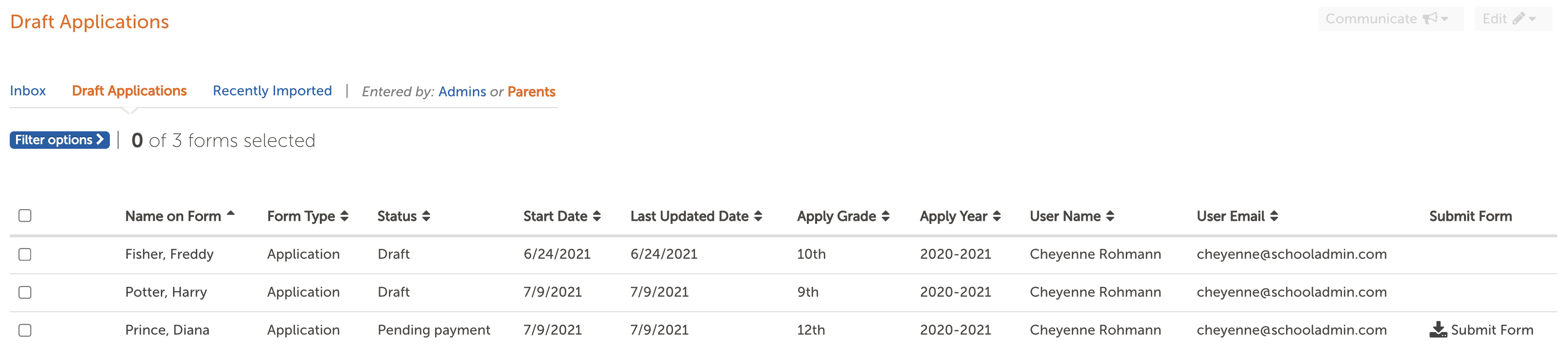 Draft Applications Page – Finalsite Enrollment